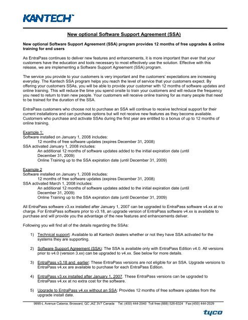 New optional Software Support Agreement (SSA) - Kantech