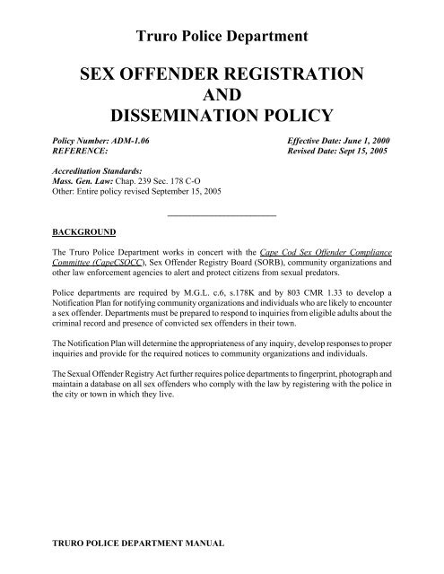 Sex Offender Registration And Dissemination Policy Truro Police