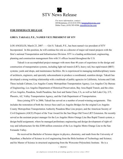 Giri S. Taksali, P.E., Named Vice President Of STV - STV Group, Inc.