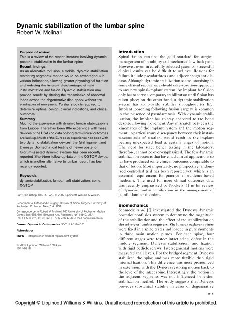 Dynamic stabilization of the lumbar spine - Carolinas HealthCare ...