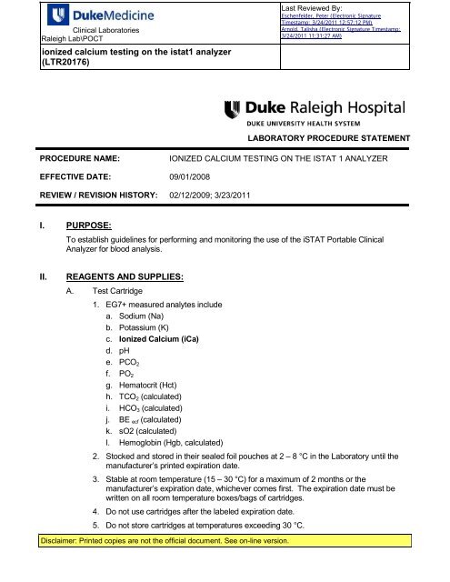 ionized calcium testing on the istat1 analyzer - Point of Care Testing