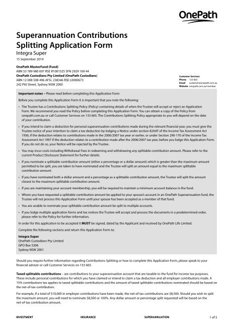 Superannuation Contributions Splitting Application Form - ANZ