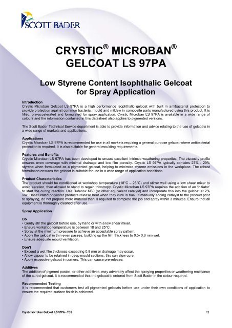 CRYSTIC MICROBAN GELCOAT LS 97PA - Scott Bader