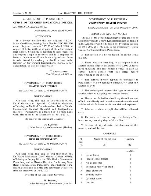 Tender - Government of Puducherry