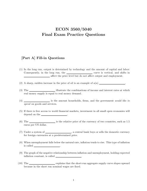 ECON 3560/5040 Final Exam Practice Questions
