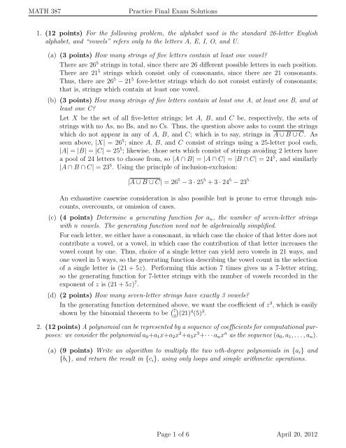 MATH 387 Practice Final Exam Solutions 1. (12 points) For the ...