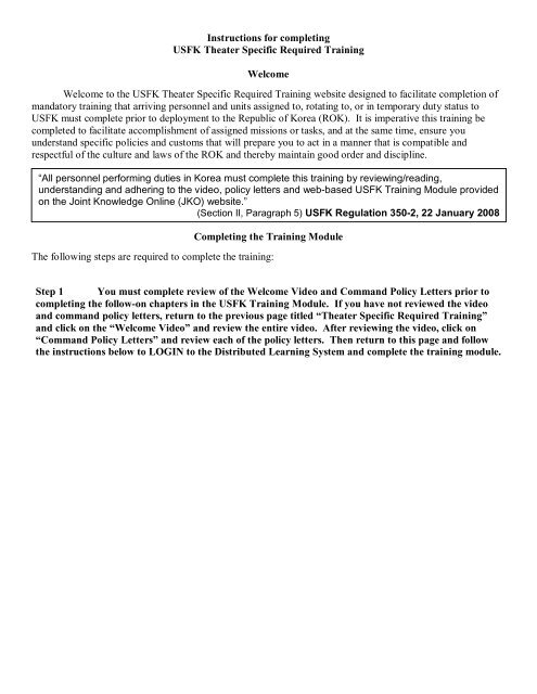 Instructions for completing USFK Theater Specific Required Training ...