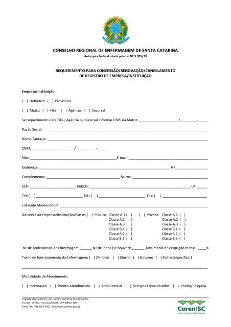 requerimento e as instruÃƒÂ§ÃƒÂµes de preenchimento - Coren|SC
