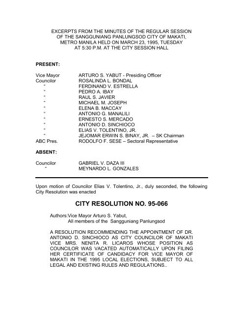 CITY RESOLUTION NO. 95-066 - Makati