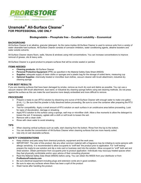 All Surface Cleaner User Guide - ProRestore Products