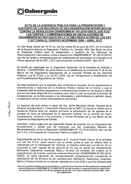 ACTA DE LA AUDIENCIA PÚBLICA PARA LA ... - osinergmin