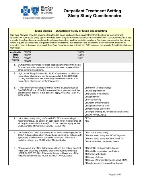 Outpatient Treatment Setting Sleep Study Questionnaire - e-Referral