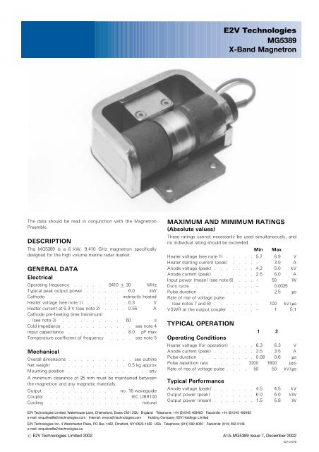 E2V Technologies MG5389 X-Band Magnetron - Furuno