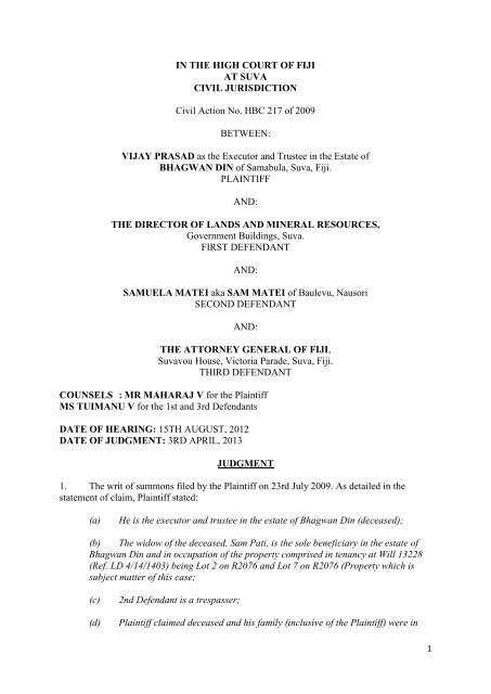 VIJAY PRASAD as the Executor and - Judiciary Fiji