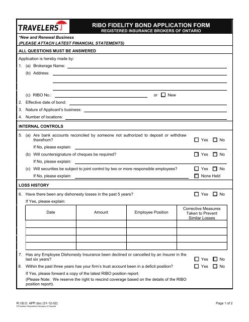 RIBO FIDELITY BOND APPLICATION FORM - Travelers Canada