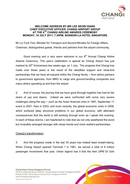 Welcome Address by Mr Lee Seow Hiang, Chief Executive Officer ...