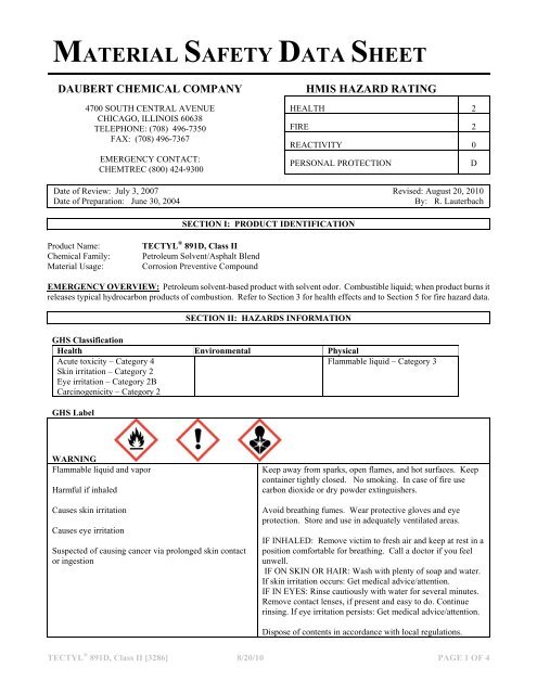 TECTYL 891D CLASS II MSDS - Daubert Chemical Company, Inc.