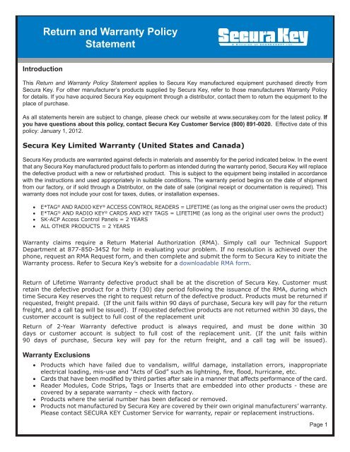 Return and Warranty Policy Statement - Secura Key