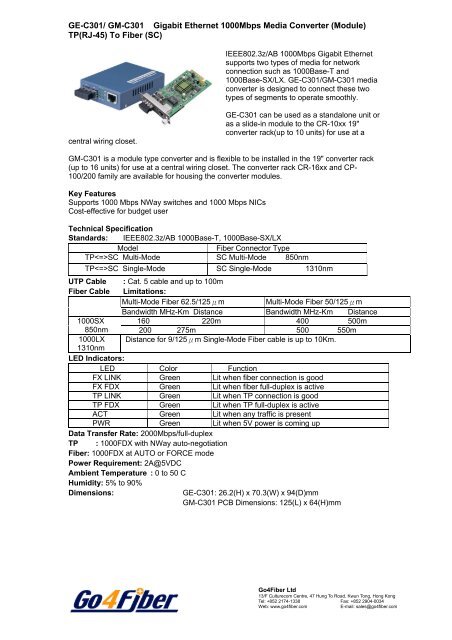 GM-C301 Gigabit Ethernet 1000Mbps Media ... - Go4Fiber Ltd
