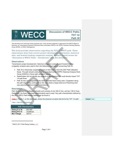 Discussion of WECC Paths TOT 1A Path 30