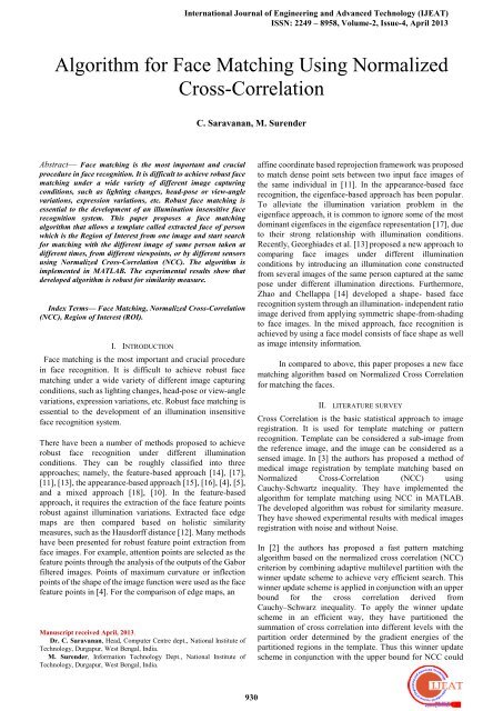 Algorithm For Face Matching Using Normalized Cross Correlation 