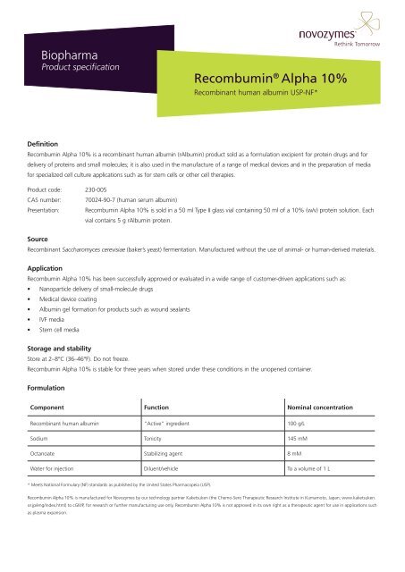 RecombuminÂ® Alpha 10% - Novozymes Biopharma
