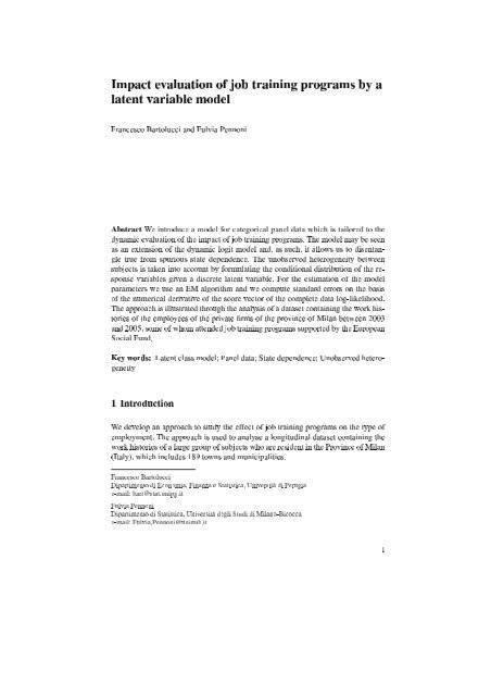 Impact evaluation of job training programs by a latent variable model