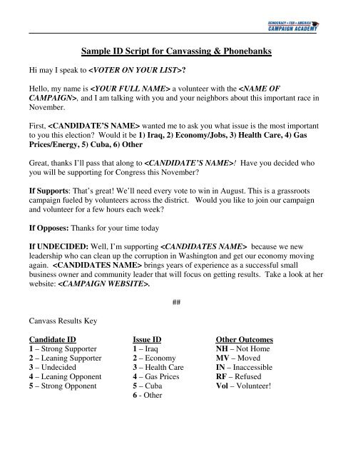 Sample ID Script for Canvassing & Phonebanks - Democracy for ...