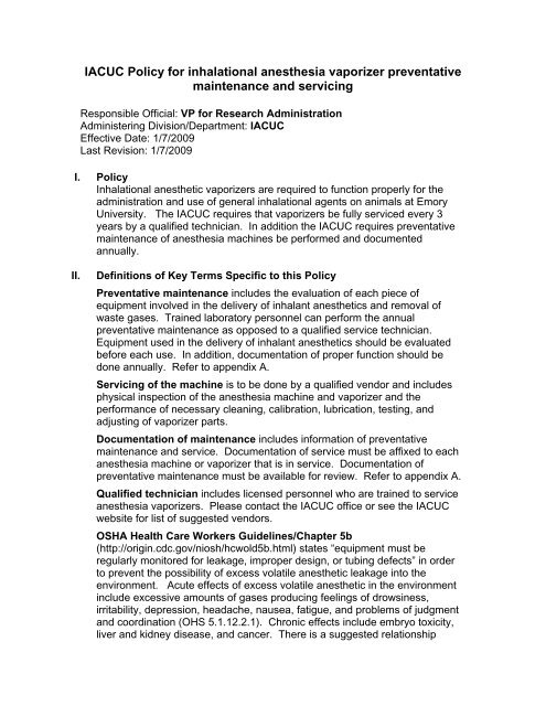 IACUC Policy for inhalational anesthesia vaporizer preventative ...