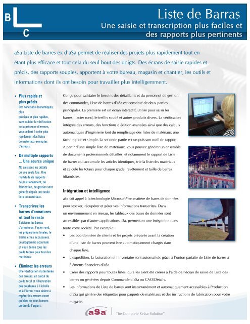 Liste de barres - aSa Rebar Software