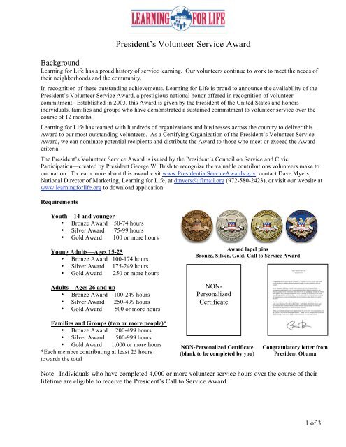 President's Volunteer Service Award - Learning for Life
