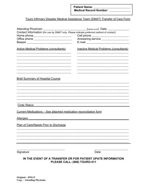 Transfer of Care Form Attending Physician - Touro Infirmary