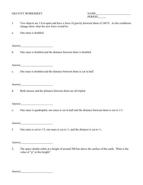 Gravitational Fields Worksheet