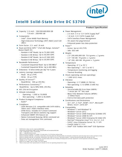 IntelÂ® Solid-State Drive DC S3700 Series Product Specification