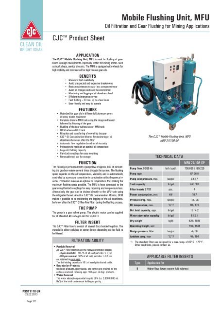 Product Sheet, Mobile Flushing Unit, MFU, Oil Filtration and ... - Cjc.dk