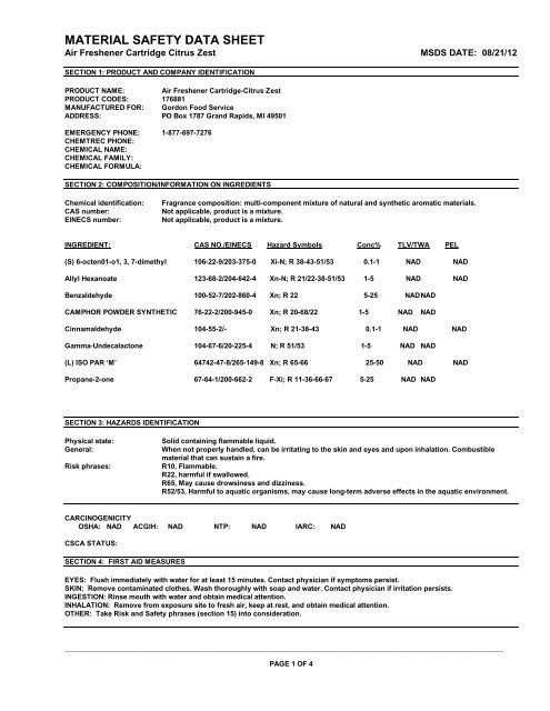 MATERIAL SAFETY DATA SHEET - Gordon Food Service