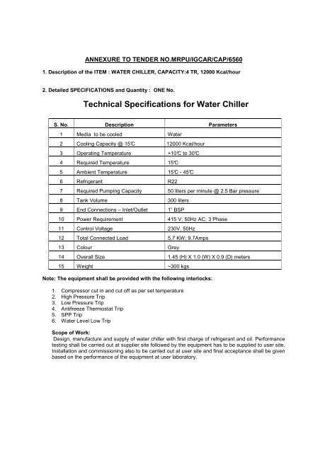 Technical Specifications for Water Chiller