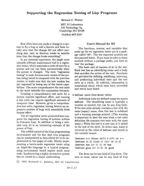 Supporting The Regression Testing In Lisp Programs 3759