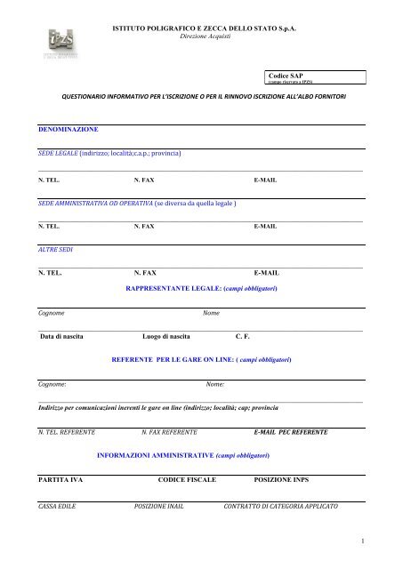 questionario informativo per l'iscrizione all'albo fornitori - Istituto ...