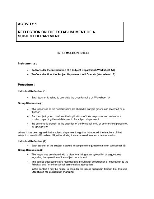 activity 1 reflection on the establishment of a subject department