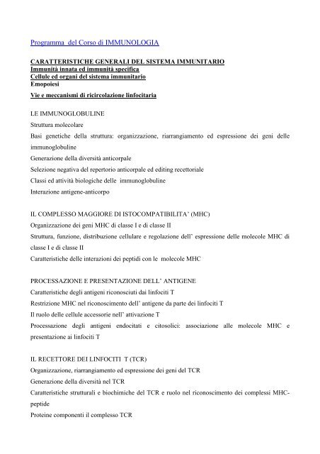 Programma del Corso di IMMUNOLOGIA