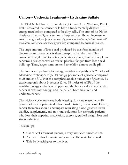 Cancer-- Cachexia Treatment-- Hydrazine Sulfate - Healthoracle.org