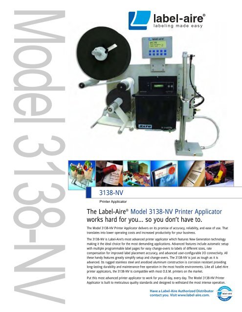 The Label-Aire® Model 3138-NV Printer Applicator ... - Label Aire, Inc.
