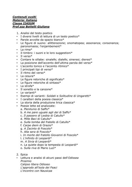 Contenuti svolti Materia: italiano Classe IIASUM Prof ... - Licei Manzoni