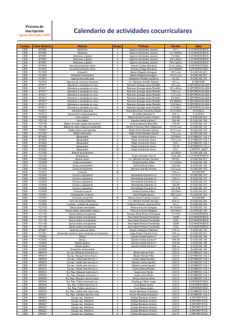 Calendario de actividades cocurriculares