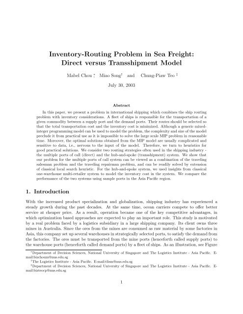 Inventory Routing Problem In Sea Freight The Logistics Institute