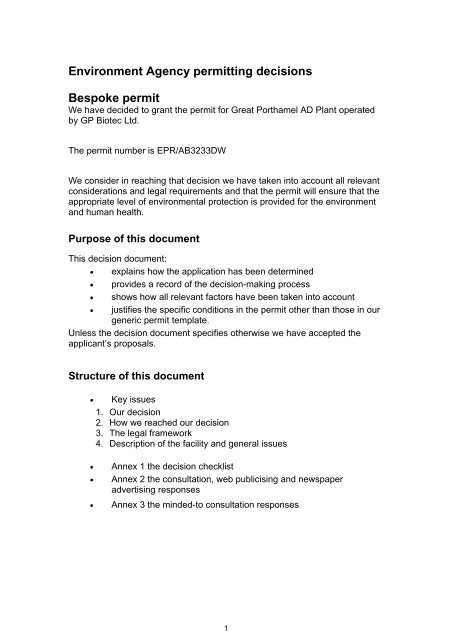 Environment Agency permitting decisions Bespoke permit