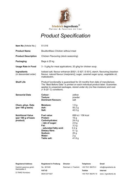 Product Specification - Friedrich Ingredients