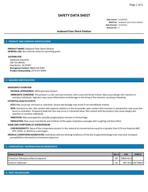 MSDS No: Seaboard Clear Shock Oxidizer - Seaboard Industries