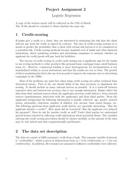 Project Assignment 2 Logistic Regression 1 Credit Scoring 2 The